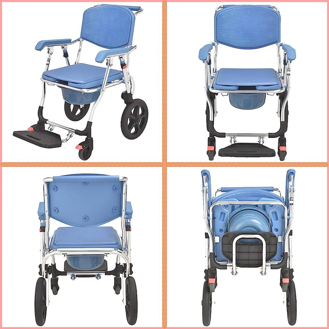 3 in 1 Folding Shower Wheelchair Bedside Commode with Pail Soft Cushion ...