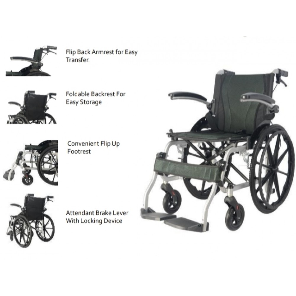 Karma Ryder 14 Aluminum Wheelchair with Flip-Up Armrest & Footrest